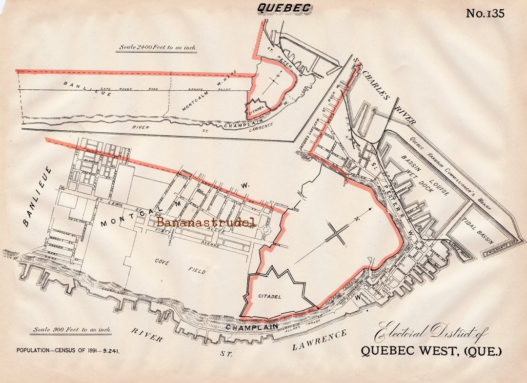 Antique Map of Quebec West, Quebec Quebec City Citadel Printed 1895 ...
