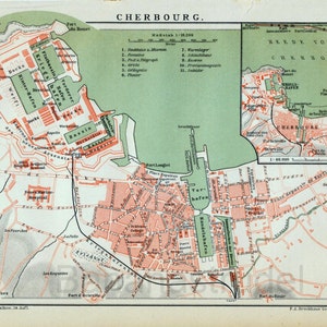 1897 Vintage Map of Cherbourg, France - Vintage City Map - Old City Map ...