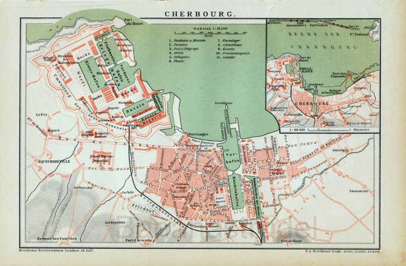 1897 Vintage Map of Cherbourg France Vintage City Map Old - Etsy