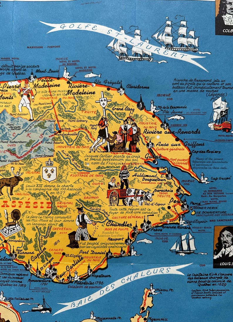 1966 Large Illustrated Vintage Map of Quebec and Gaspé Peninsula ...