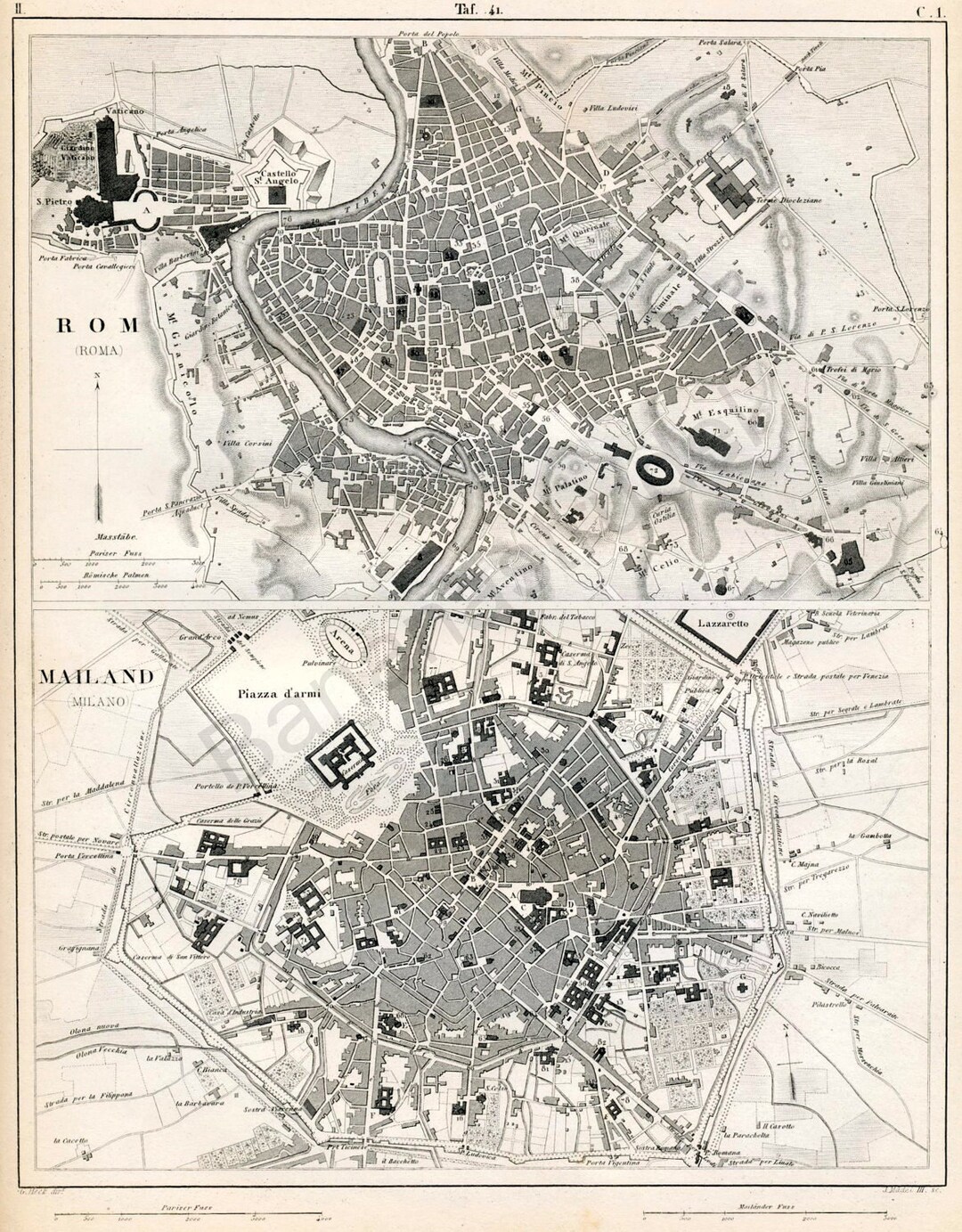 Antique Map of Rome and Milan, Italy - 1851 City Map - Etsy