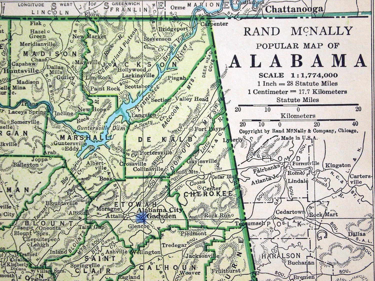 1943 Blue and Emerald Green Vintage Map of Alabama - Etsy