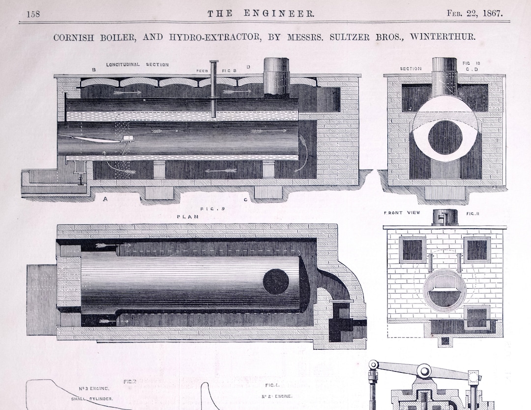 1867 Large Antique Print of Cornish Boiler and Hydro-extractor ...