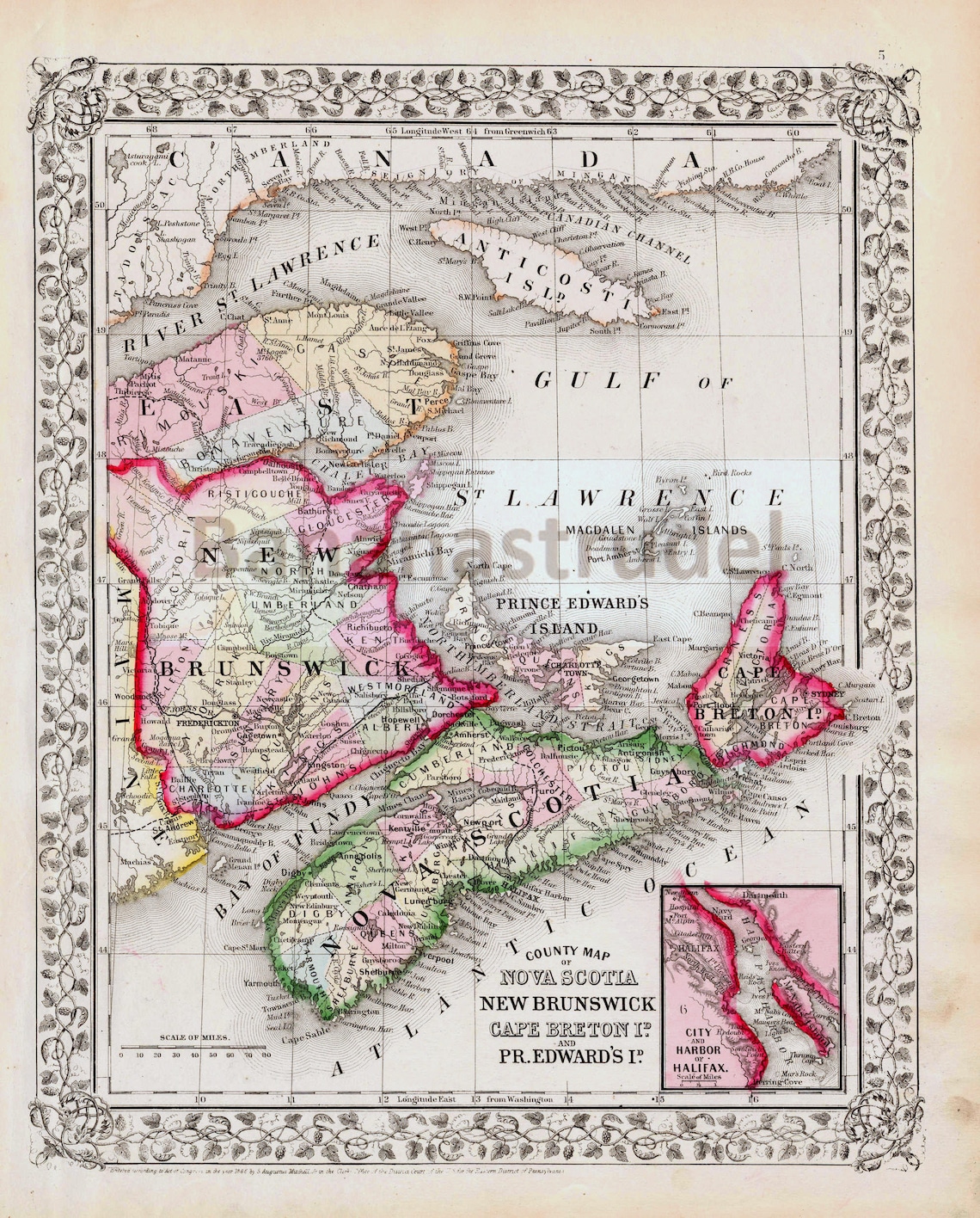 1867 Antique Hand-coloured Mitchell Map of Nova Scotia, New Brunswick ...