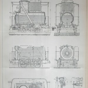 1879 Large Antique Engineering Drawing Fireless Locomotive Two-page ...