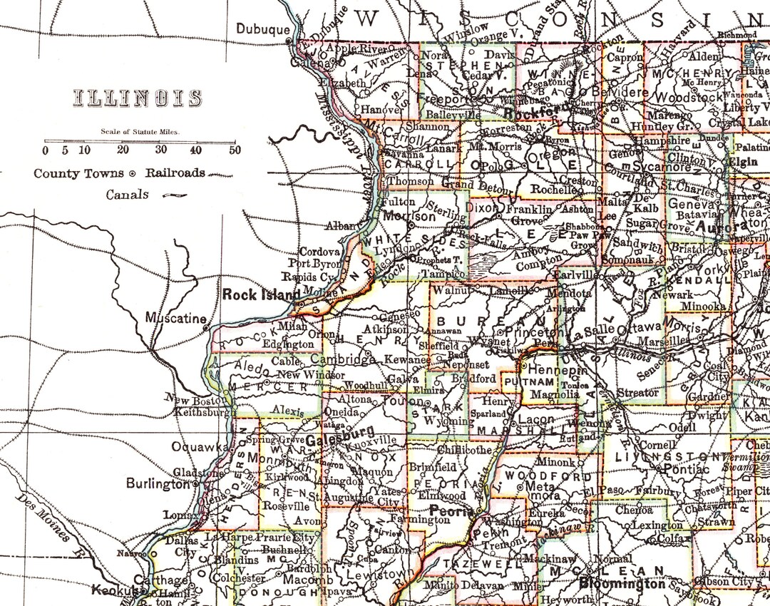 1890 Large Antique Map of Illinois - Illinois Antique Map - Special ...
