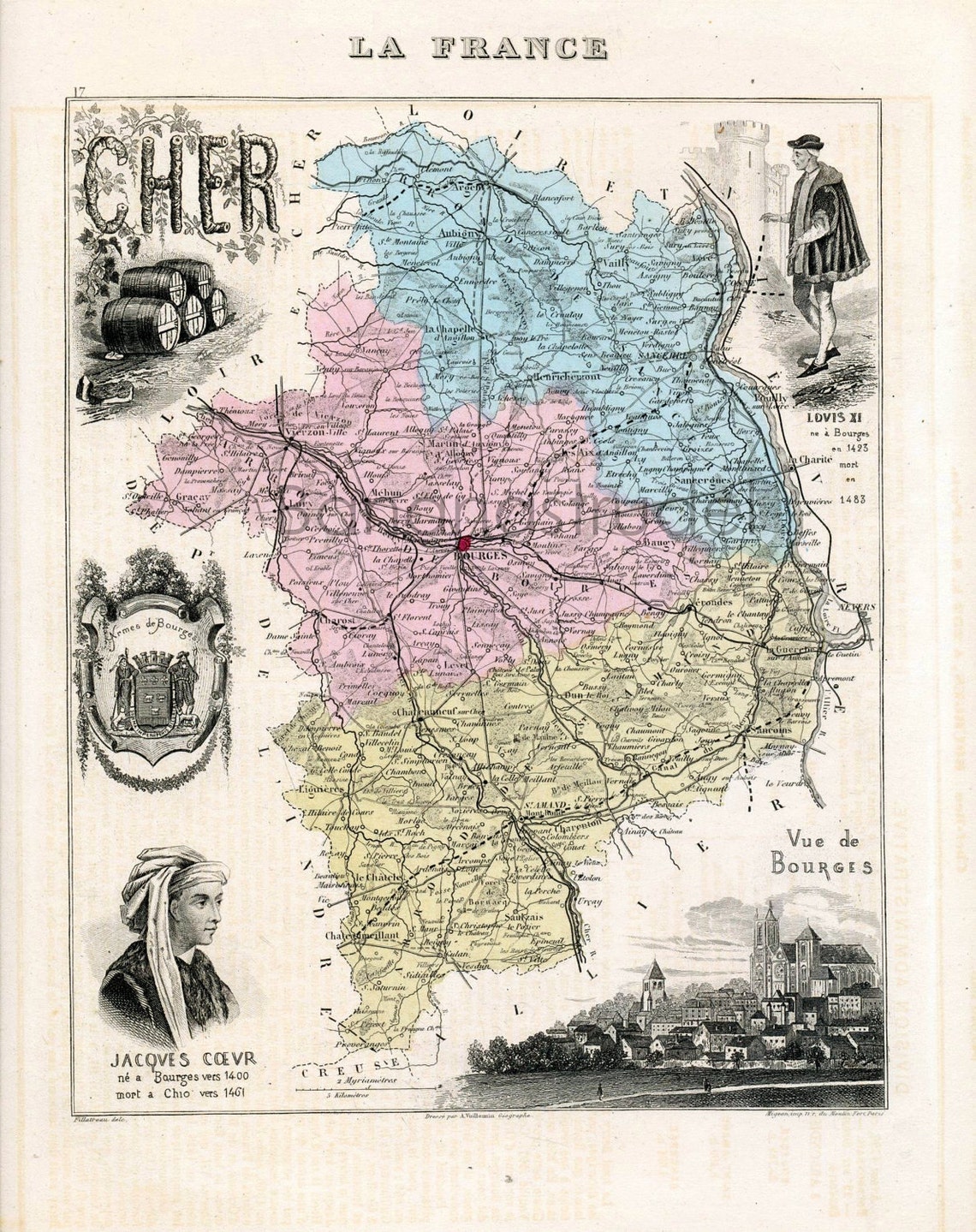 1883 Antique Map of Cher France Vintage Illustrated Map | Etsy