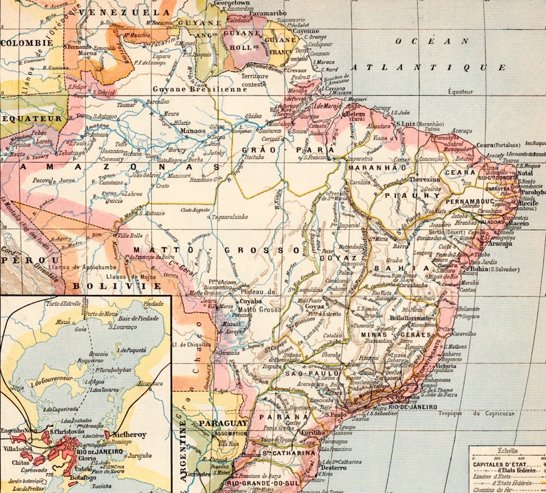 Antique Map of Brazil With Illustrations on Reverse Showing - Etsy