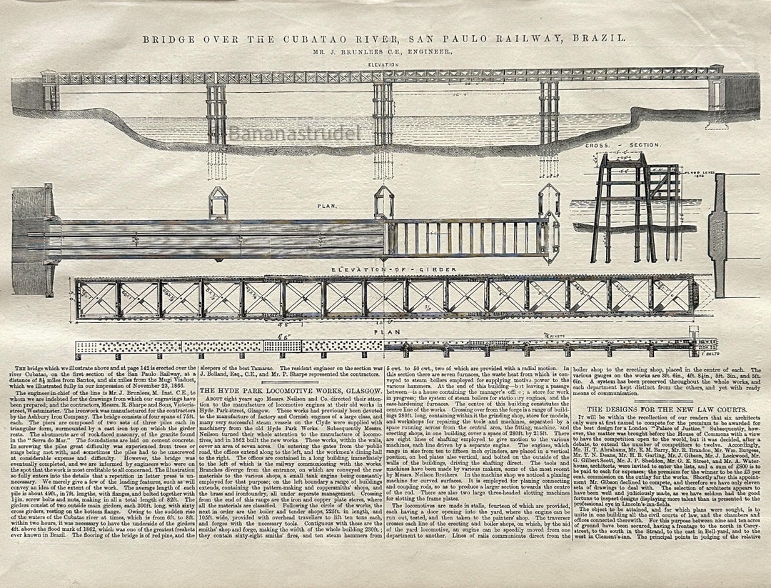 1867 Antique Engineering Drawing / Bridge Over Cubatao River, Sao Paulo ...