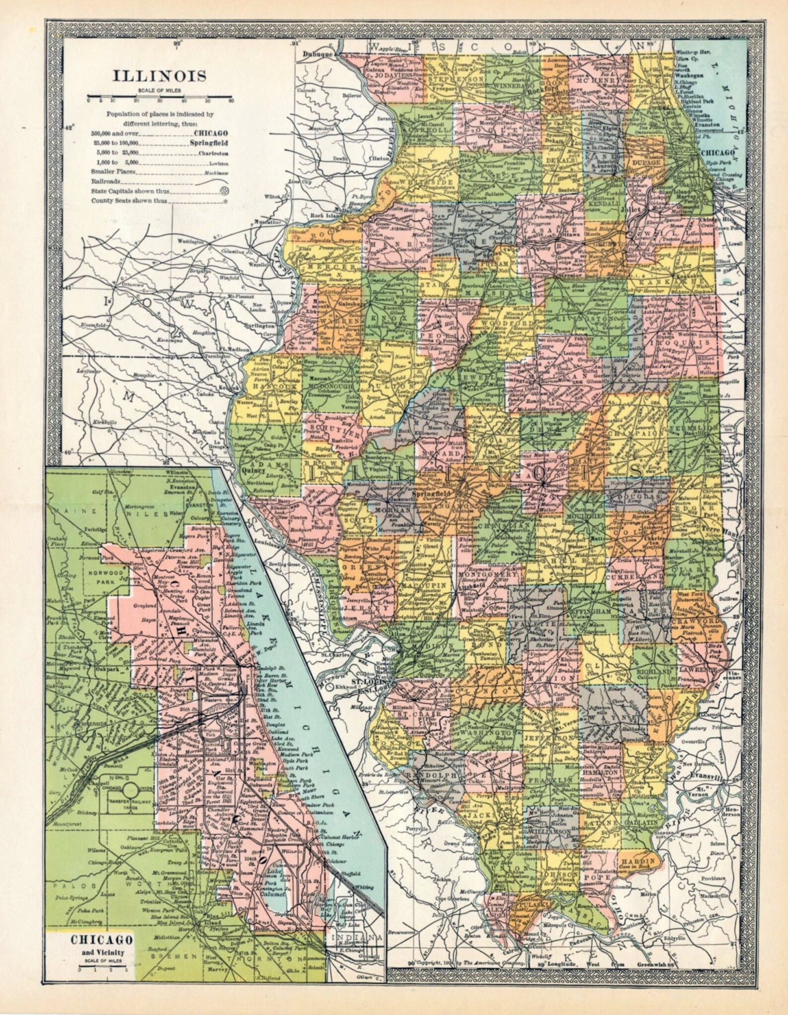 1904 Antique Map of Illinois Inset of Chicago Area Antique | Etsy