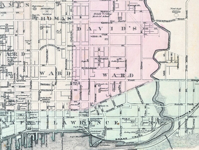 1875 Rare Antique Map of Toronto, Ontario - Double Page Hand Coloured ...