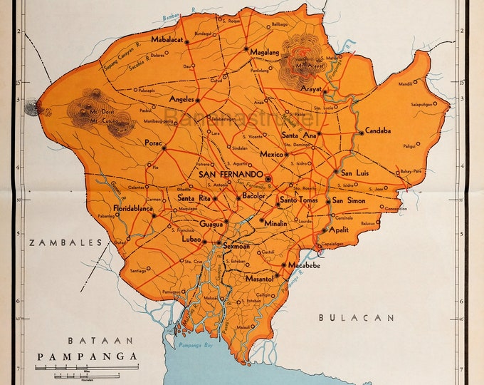 1959 Large Rare Vintage Map of Pampanga, the Philippines - San Fernando ...