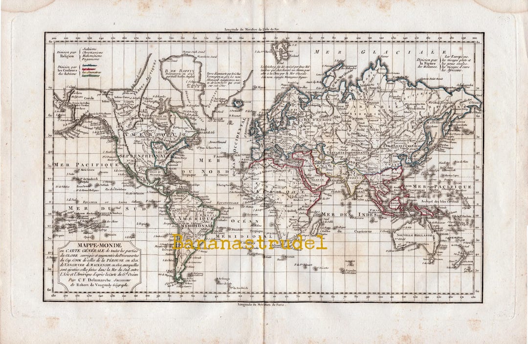 World Map - Antique Map From 1812 - Hand Coloured Vaugondy/delamarche ...