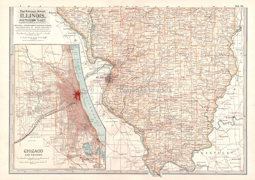 Antique Map of Southern Illinois - Inset of Chicago and Vicinity - 1911 ...