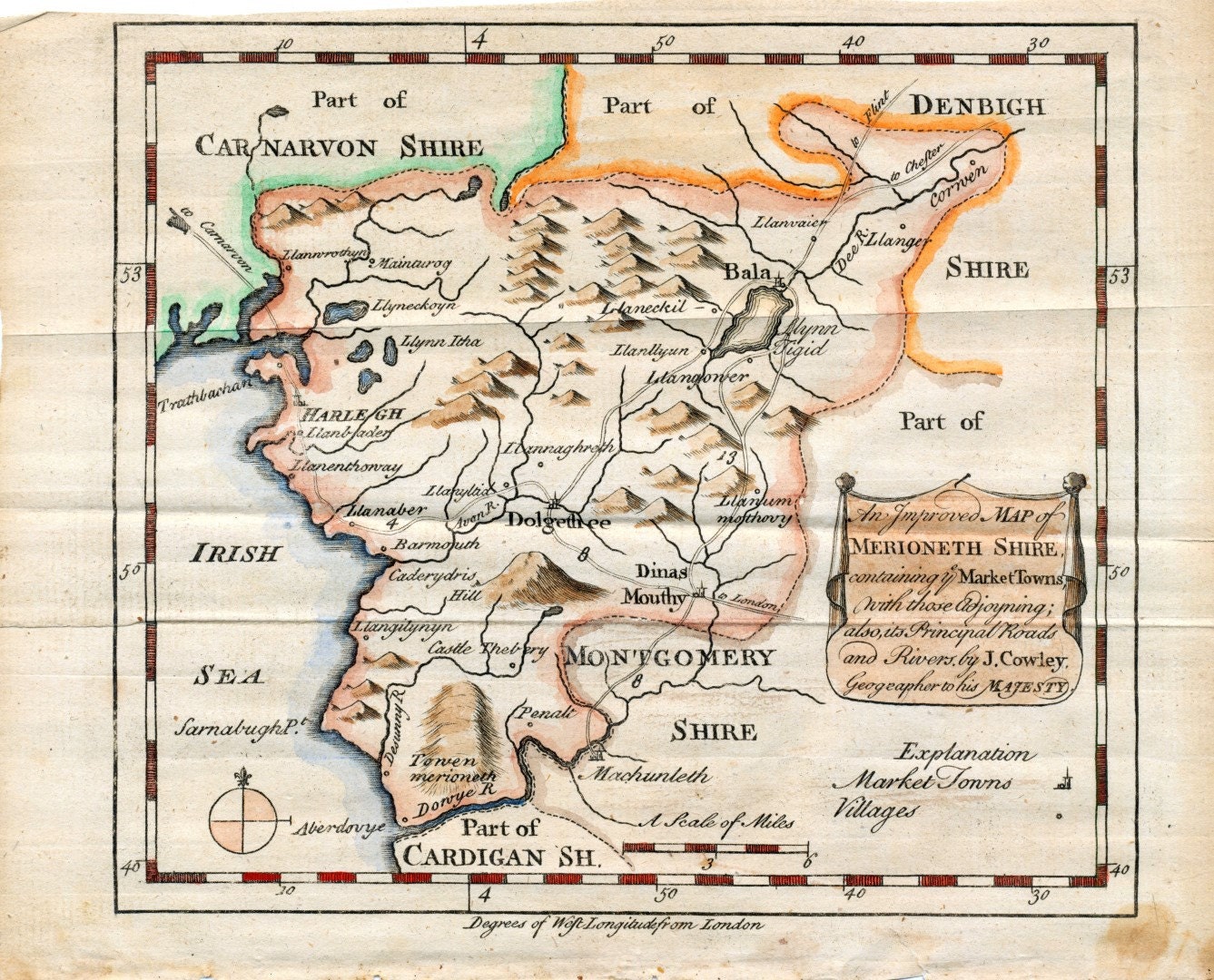 1744 Antique Map of Merioneth Shire - Wales Map - Hand Coloured Wales ...