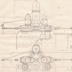 Large Antique Print of a Horizontal High-speed Pumping Engine at St ...