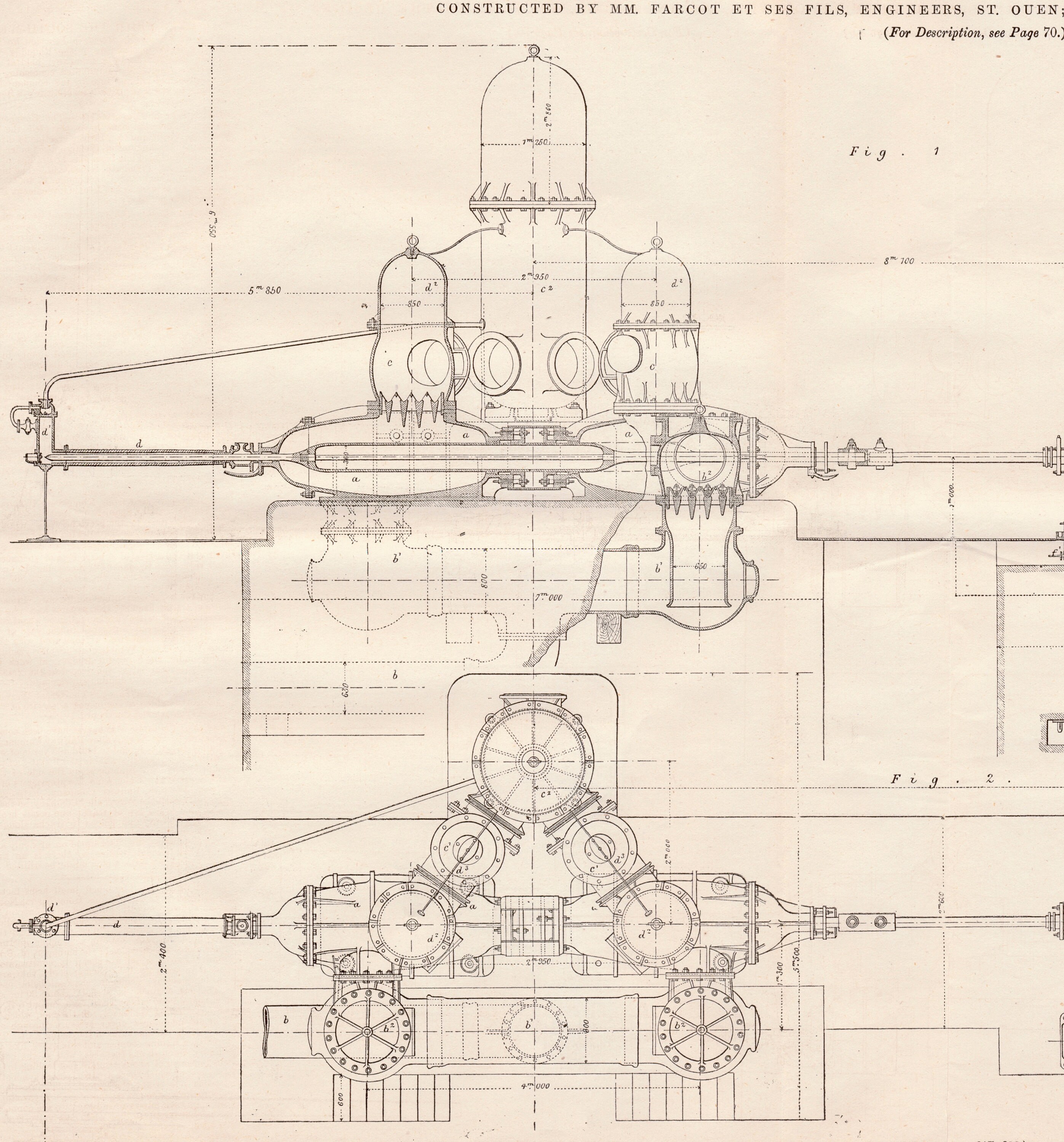 Large Antique Print of a Horizontal High-speed Pumping Engine at St ...