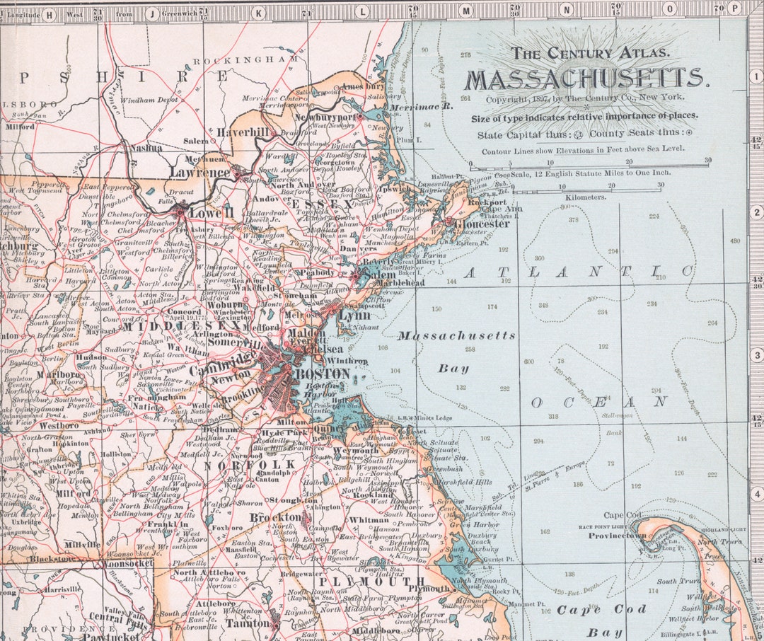Antique Map of Massachusetts. 1902 Century Atlas Map - With a Large ...