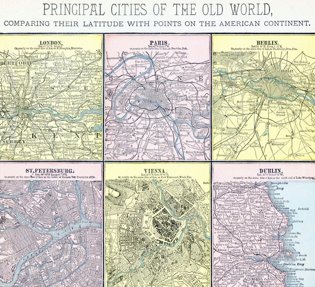 Antique Map of Major World Cities in 19th Century - London - Paris ...