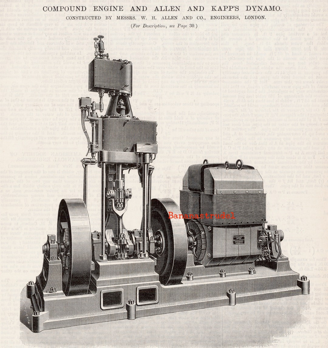 Antique Print of a Compound Engine and Allen and Kapp's Dynamo ...