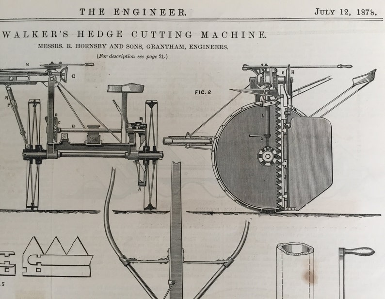 1878 English Antique Print of a Hedge-cutting Machine Old | Etsy