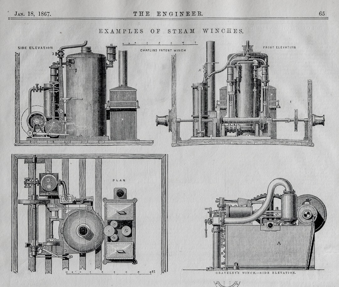 1867 Antique Print of Steam Winches - Victoria-era Engineering Drawing ...