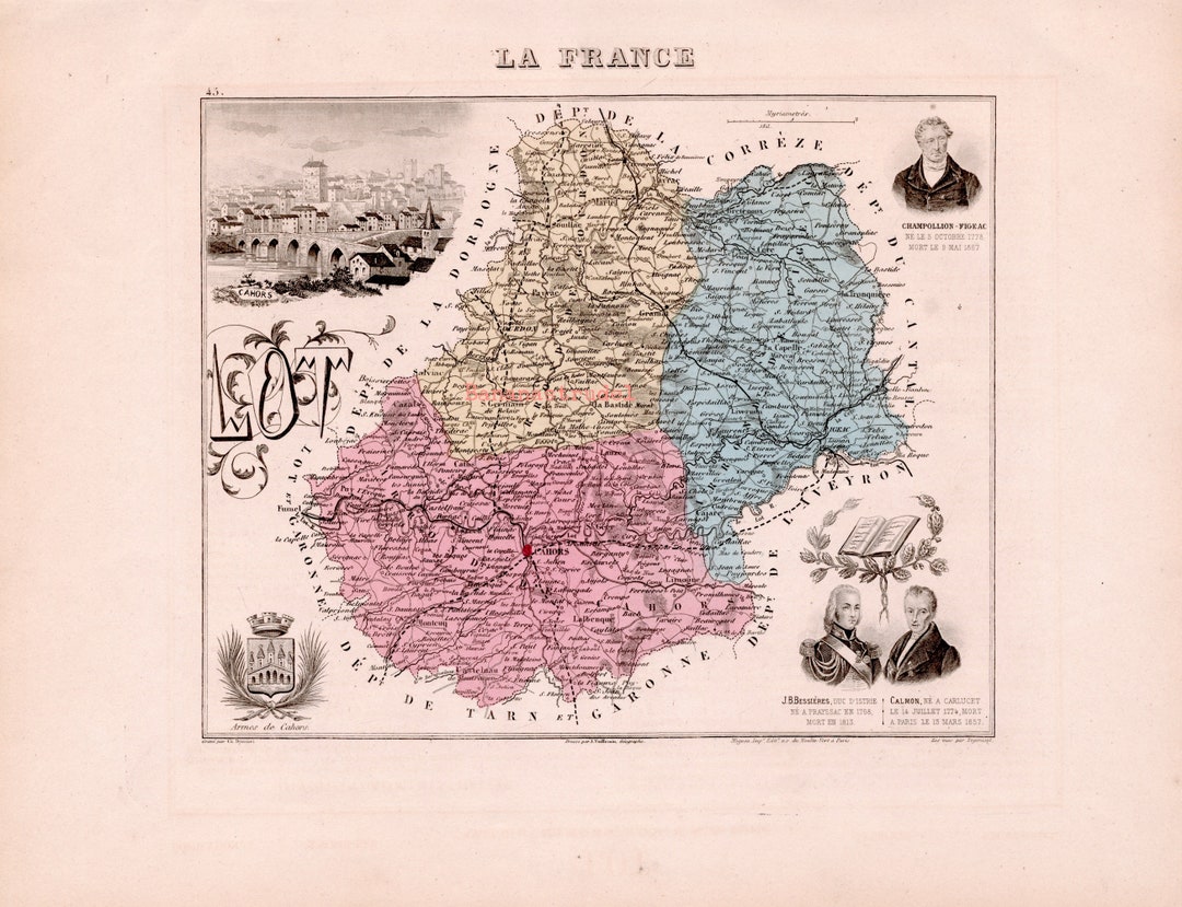 Antique Map of Lot, France - Handcoloured - 1883 Illustrated Map ...