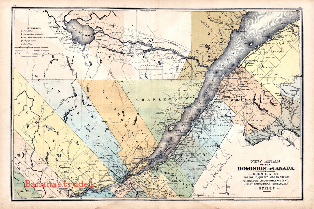 Large Antique Map of Quebec, Canada - Districts of Portneuf, Saguenay ...