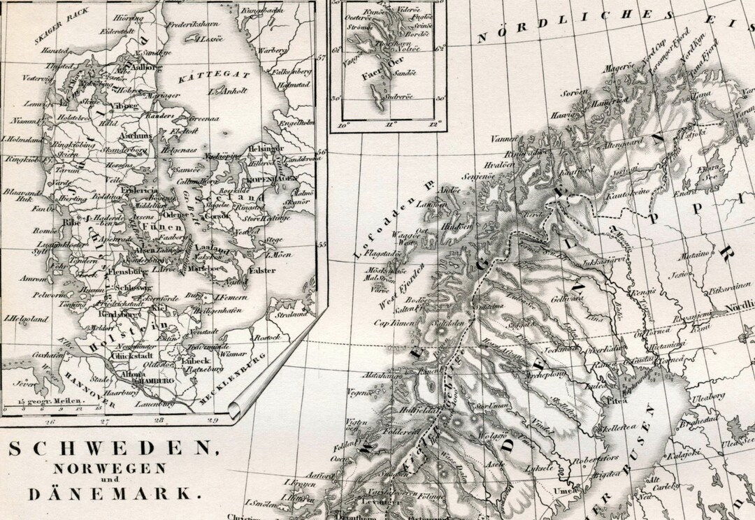 Antique Map of Sweden, Norway, and Denmark - Inset of Iceland - Black ...