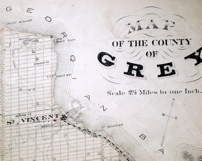 1880 Large Antique Map of the County of Grey, Ontario - Etsy