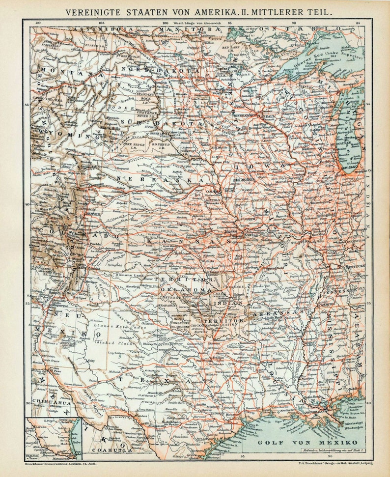1897 Antique Map Central Part US / United States Montana N/S Dakota ...