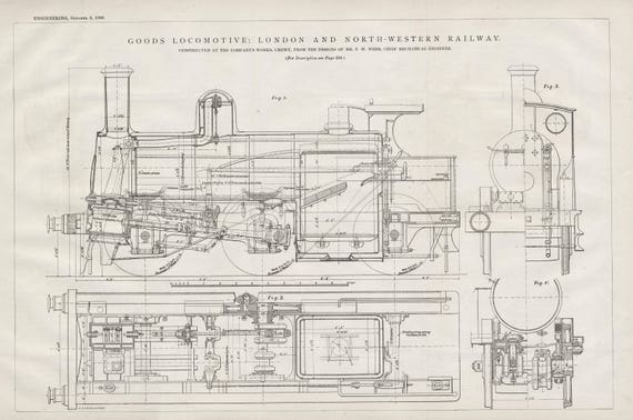 1880 Large Antique Engineering Drawing Goods Locomotive for | Etsy