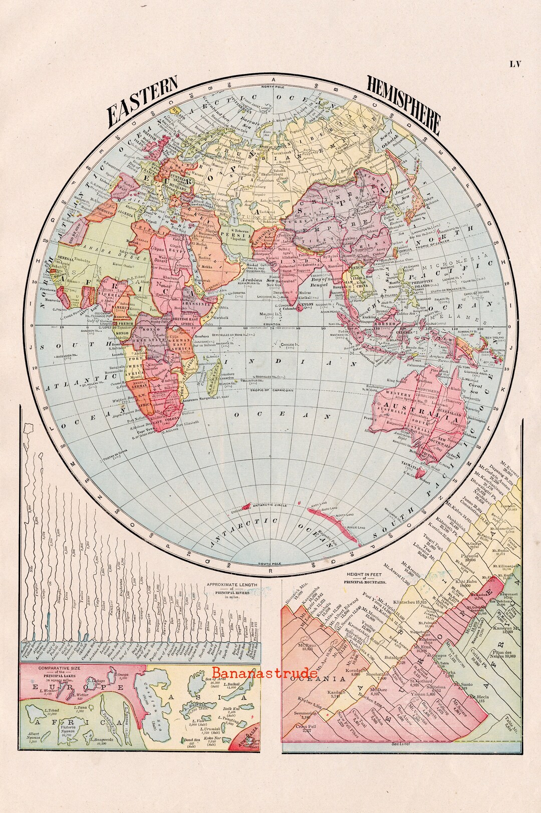 Antique Illustrated Map of the World - Eastern Hemisphere - 1906 Map ...