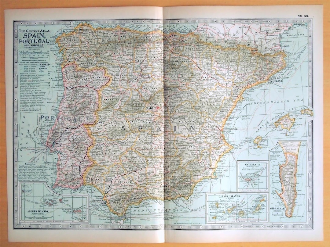 1911 Century Atlas Vintage Map of Spain, Portugal, and Andorra ...