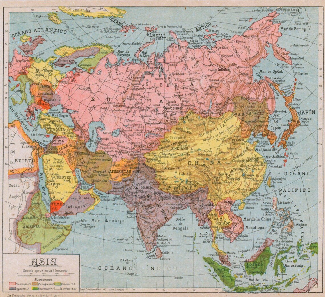 1940 Vintage Map of Asia Vintage Asia Map Spanish Map | Etsy