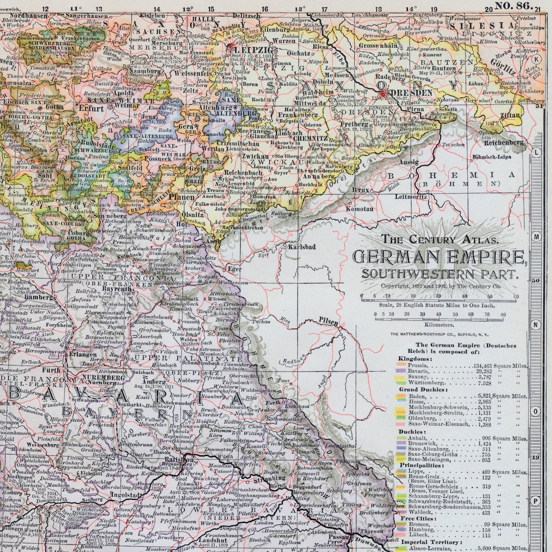 1902 Antique Map of the German Empire, Southwestern Part - Century ...