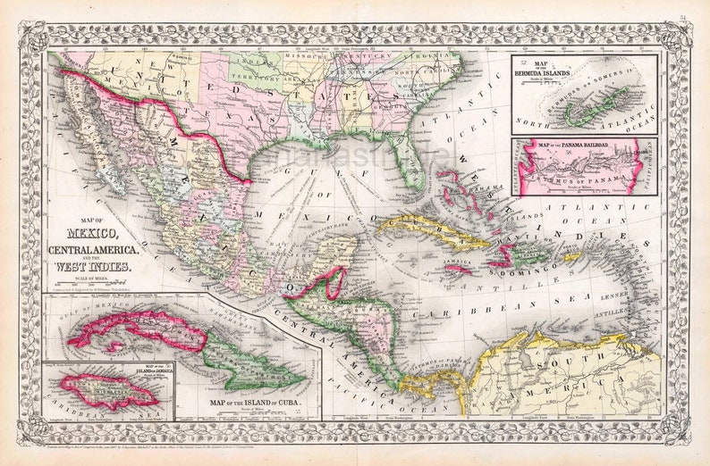 1867 Antique Mitchell Map of Mexico Central America Map | Etsy