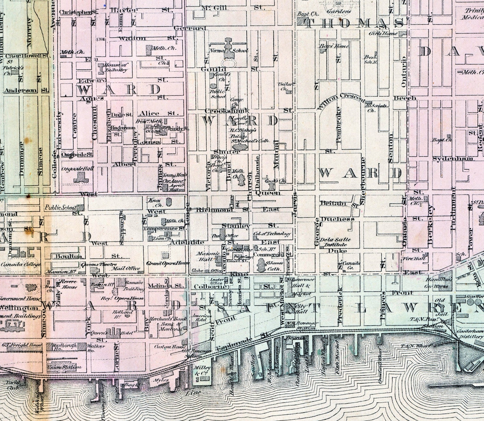 1875 Rare Antique Map of Toronto, Ontario - Double Page Hand Coloured ...