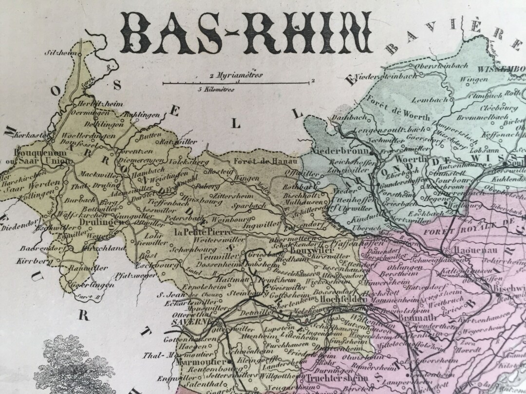 1883 Antique Map of Bas-rhin, France - Handcoloured Map - Vintage ...