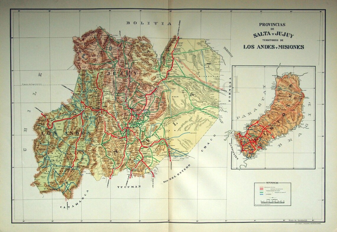 1938 Rare Poster-sized Limited Edition Vintage Map of Salta, Jujuy, Los ...
