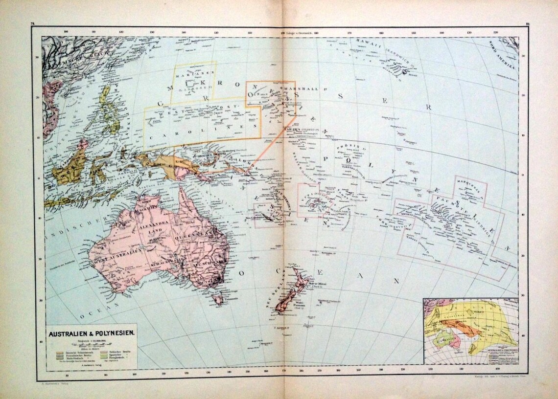 Ca. 1910 Large German Vintage Map of Australia and Polynesia - Etsy