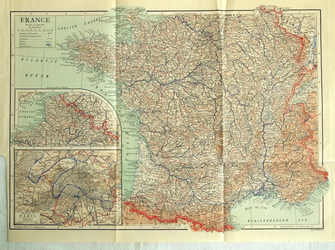 1911 Antique Map of France Inset of Environs of Paris Antique France ...