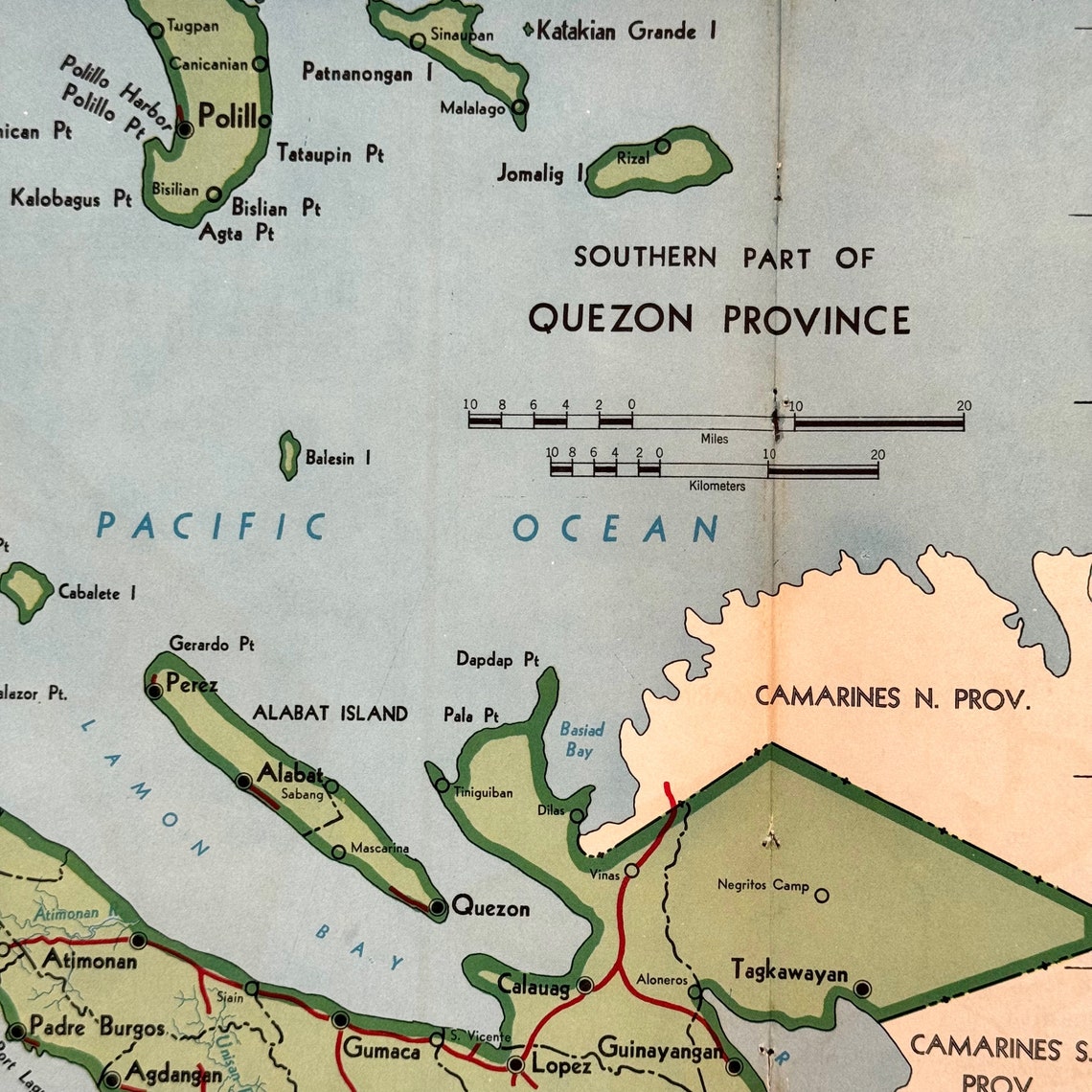 Large Vintage Map of Quezon, Philippines - Infanta - Lucena - Tayabas ...