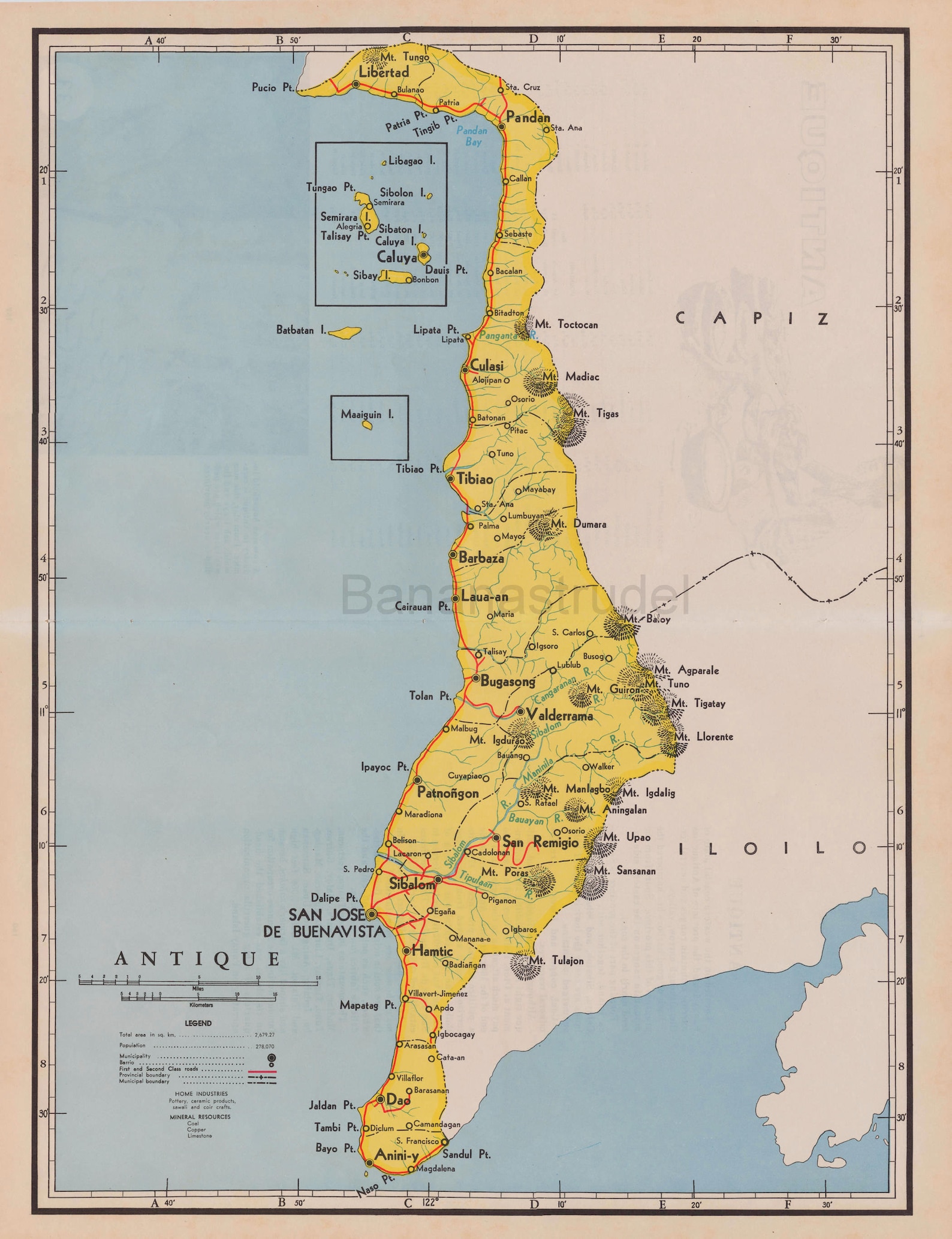 Antique Province, Philippines - RARE Large Vintage 1959 Map - San Jose ...