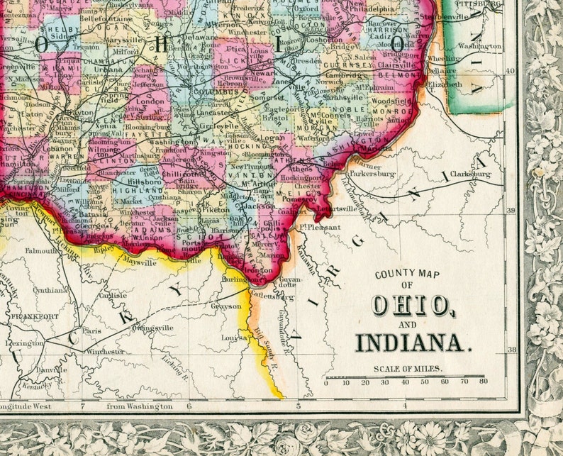 Antique Map of Ohio and Indiana 1864 Mitchell Hand-colored - Etsy