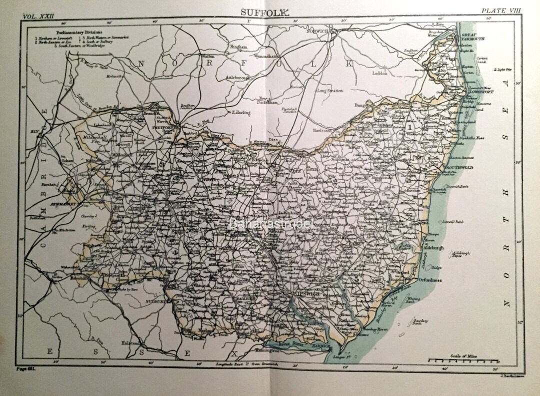 1887 Vintage Map of Suffolk, the UK - Antique Suffolk Map - Old Map of ...