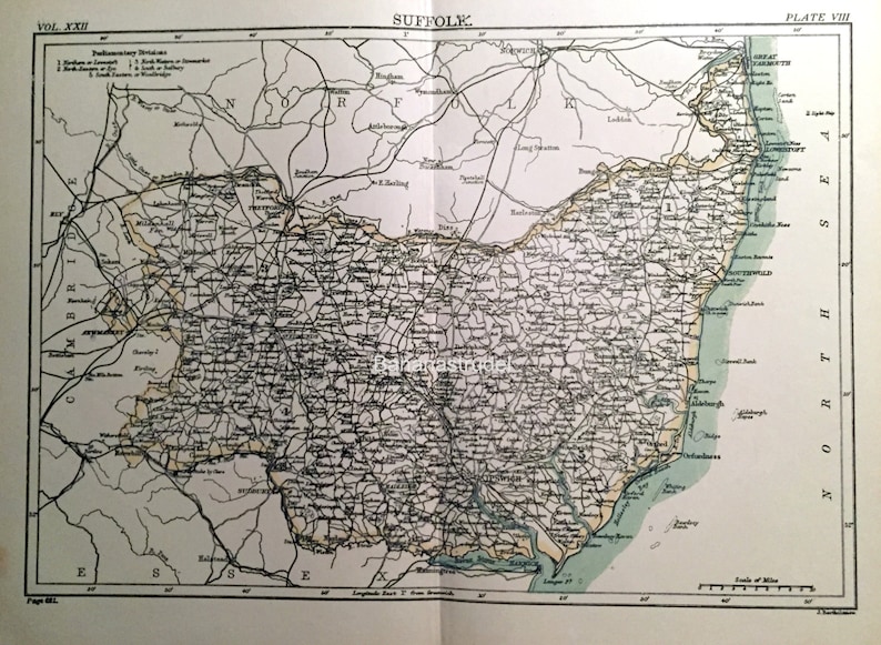 1887 Vintage Map of Suffolk, the UK - Antique Suffolk Map - Old Map of ...