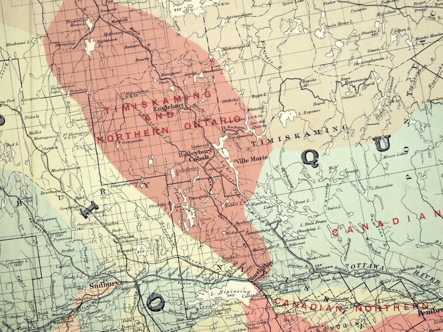 1915 Large Antique Map of Railway Territories in Ontario and Quebec ...