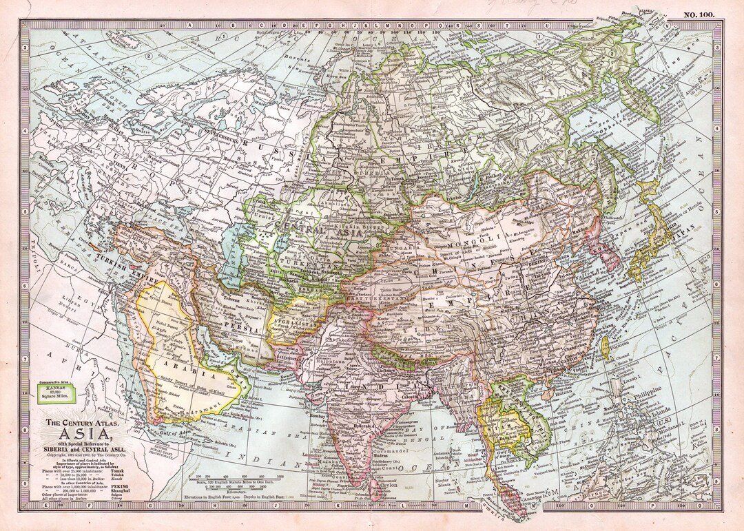 1902 Antique Map of Asia Central Asia Siberia Antique Asia Map Century ...