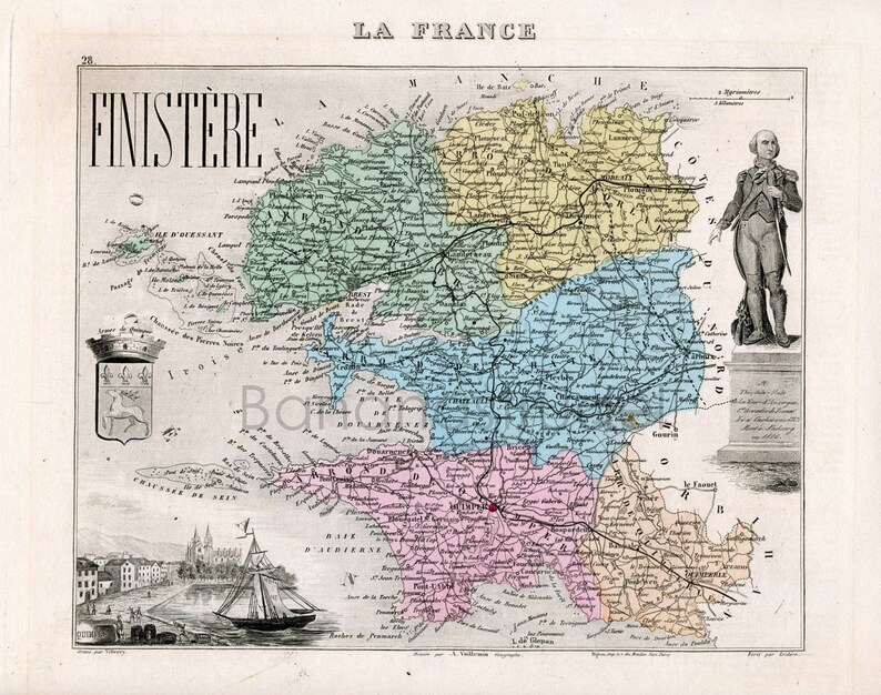 1883 Antique Map of Finistere France Hand Colored Vintage - Etsy